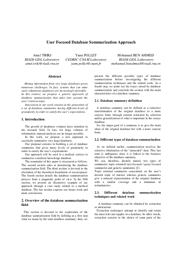 (PDF) User focused database summarization approach