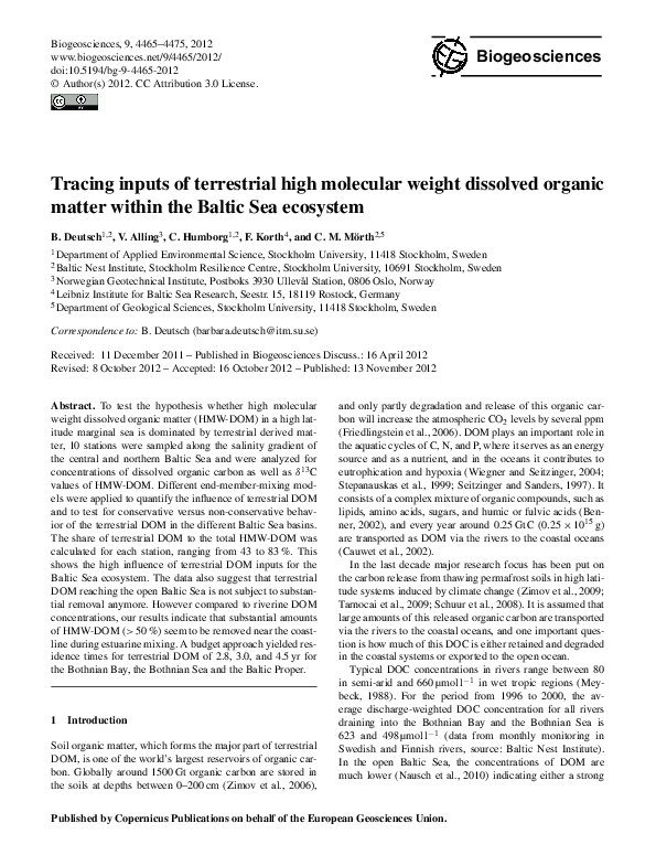 (PDF) Tracing inputs of terrestrial high molecular weight dissolved organic matter within the ...