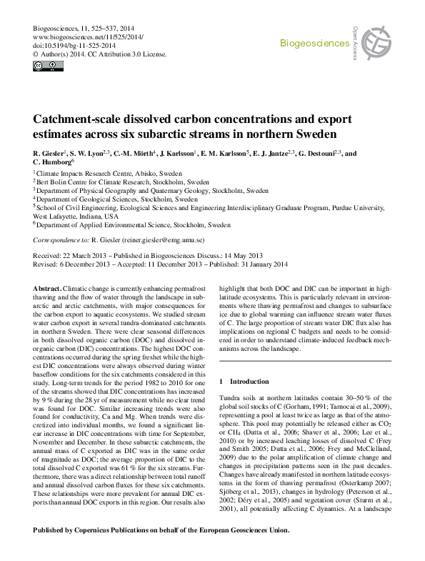 (PDF) Catchment-scale carbon exports across a subarctic landscape gradient