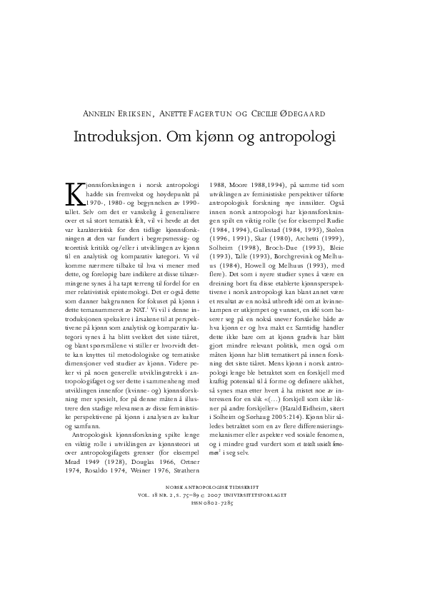 (PDF) Introduksjon. Om kjønn og antropologi