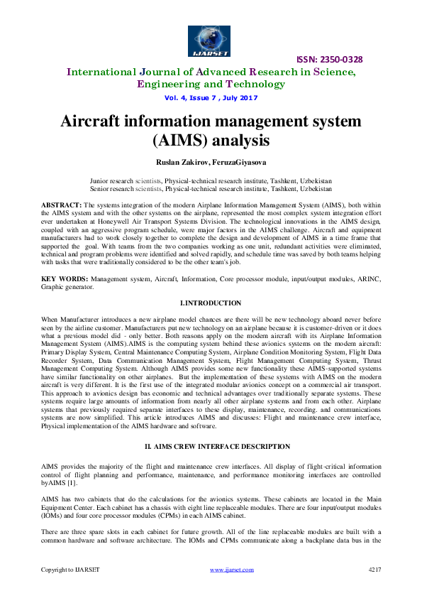 (PDF) Aircraft information management system (AIMS) analysis