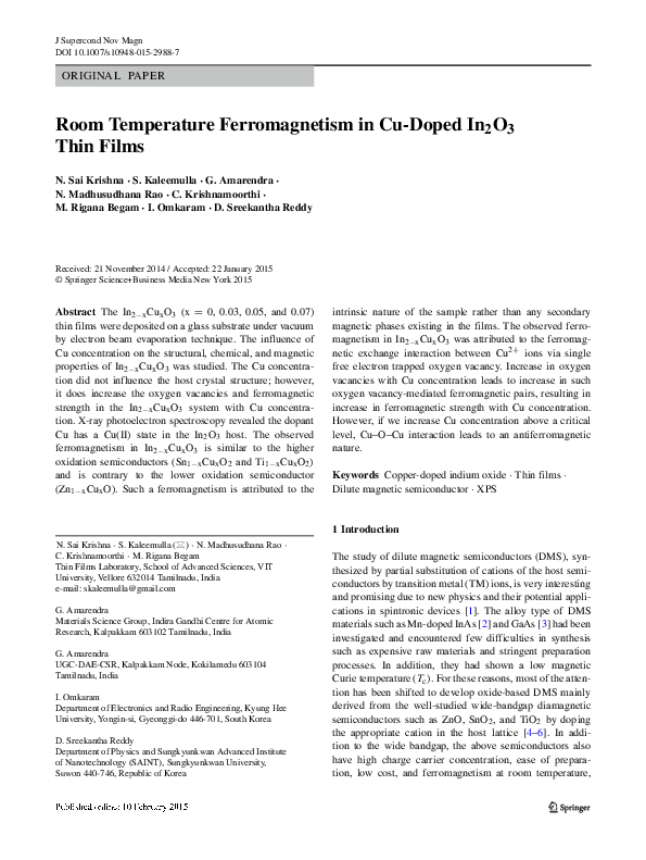 (PDF) Room Temperature Ferromagnetism in Cu-Doped In 2O3 Thin Films