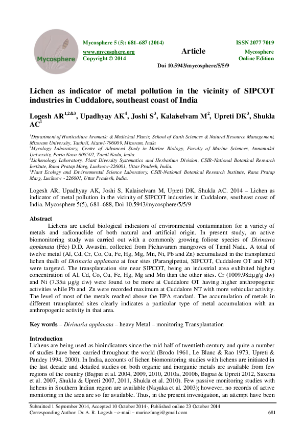 (PDF) Lichen as indicator of metal pollution in the vicinity of SIPCOT ...
