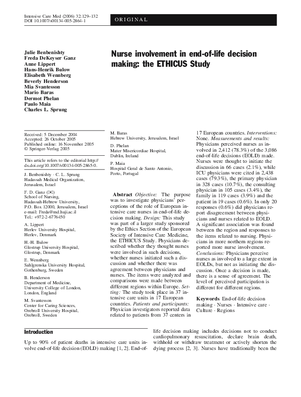 (PDF) Nurse involvement in end-of-life decision making: the ETHICUS Study