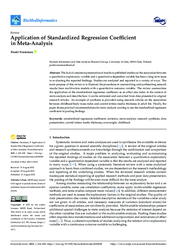 (PDF) Application of Standardized Regression Coefficient in Meta-Analysis