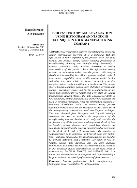 Pdf Process Performance Evaluation Using Histogram And Taguchi