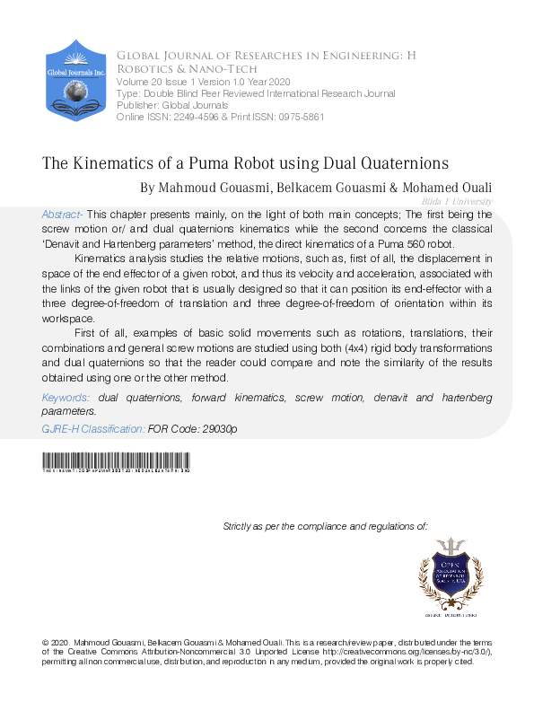 (PDF) The Kinematics of a Puma Robot using Dual Quaternions