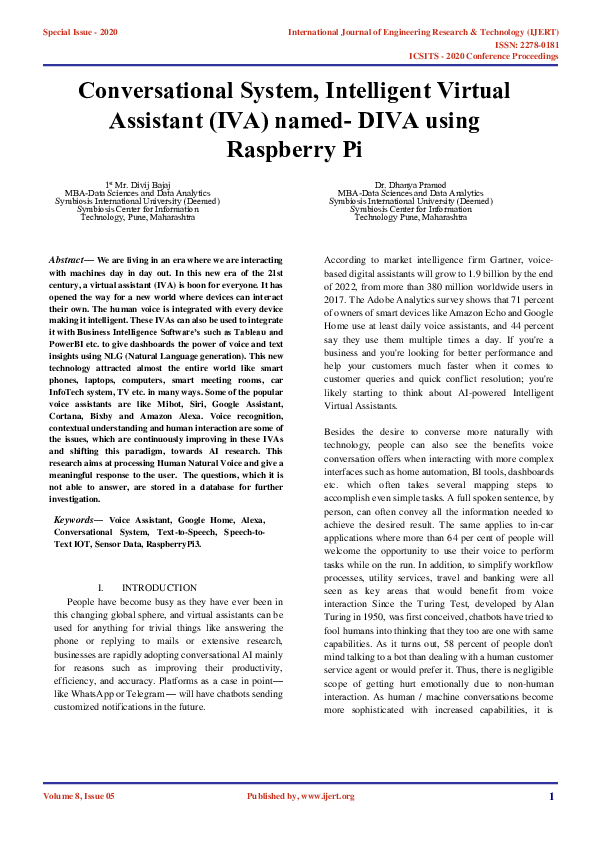 (PDF) Conversational System, Intelligent Virtual Assistant (IVA) Named DIVA Using Raspberry Pi