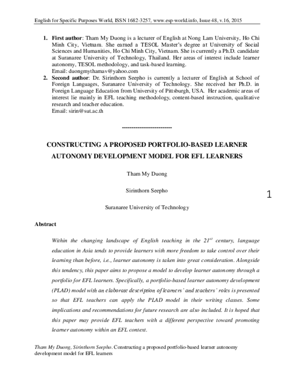 (PDF) Constructing a Proposed Portfolio-Based Learner Autonomy Development Model for Efl Learners