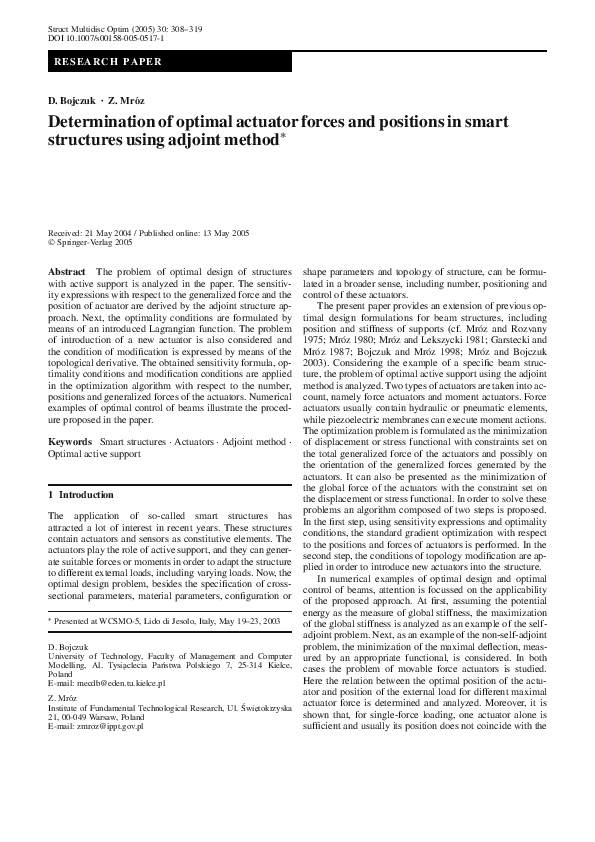 (PDF) Determination of optimal actuator forces and positions in smart structures using adjoint ...