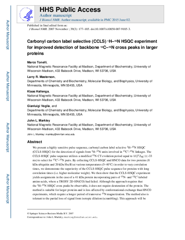 (PDF) Carbonyl carbon label selective (CCLS) 1H–15N HSQC experiment for ...