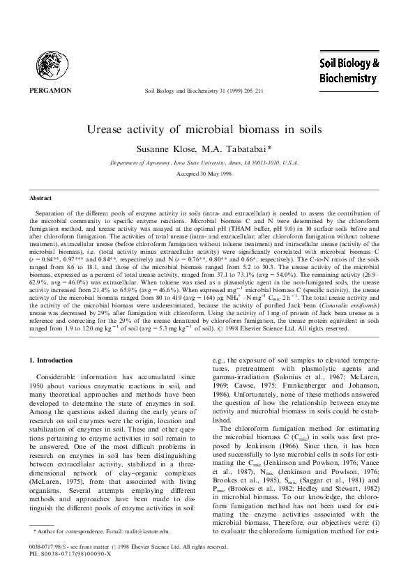 (PDF) Urease activity of microbial biomass in soils