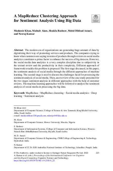 Pdf A Mapreduce Clustering Approach For Sentiment Analysis Using Big Data