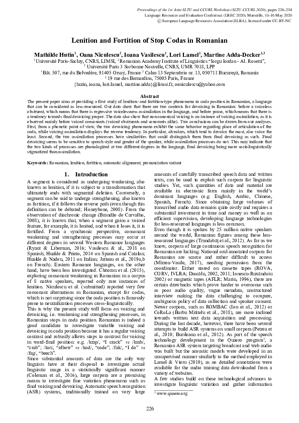(PDF) Lenition and Fortition of Stop Codas in Romanian