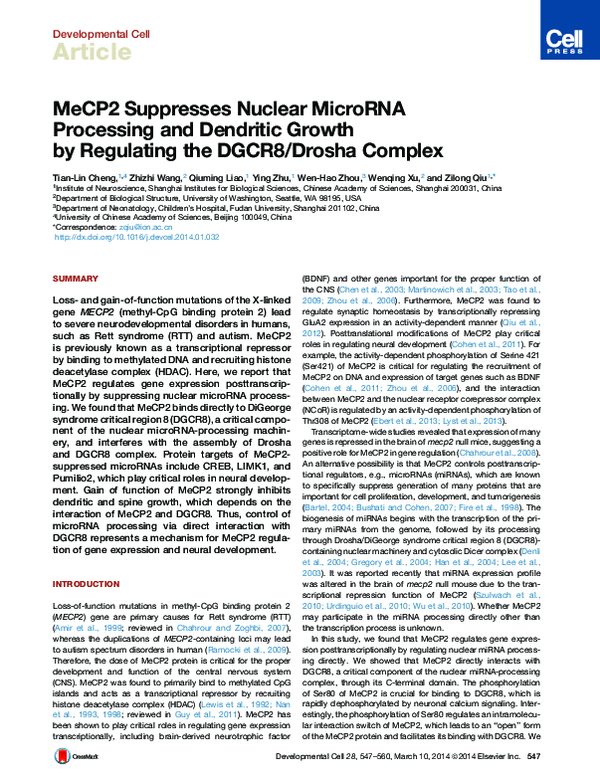 (PDF) MeCP2 Suppresses Nuclear MicroRNA Processing and Dendritic Growth ...
