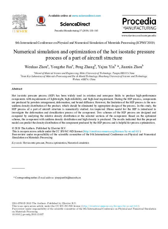 Pdf Numerical Simulation And Optimization Of The Hot Isostatic Pressure Process Of A Part Of