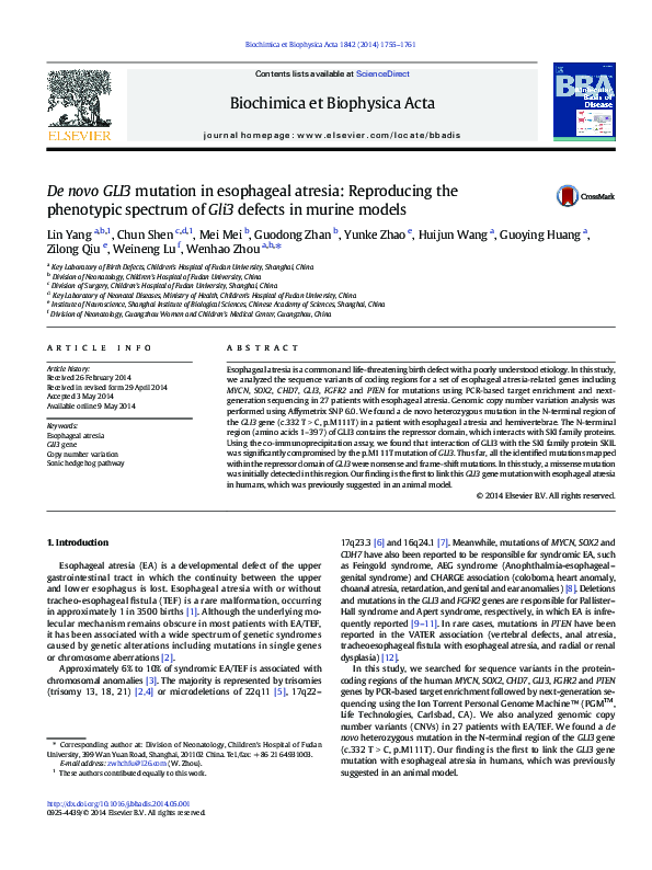 (PDF) De novo GLI3 mutation in esophageal atresia: reproducing the ...