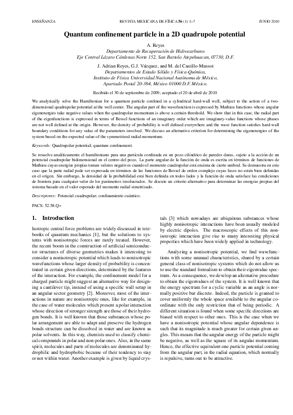 (PDF) Quantum confinement particle in a 2D quadrupole potential