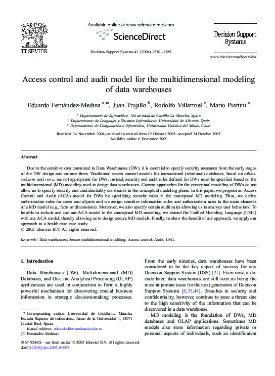 (PDF) Access control and audit model for the multidimensional modeling of data warehouses