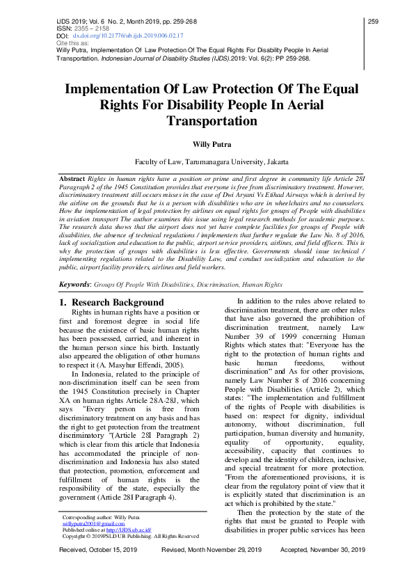 (PDF) Implementation of Law Protection of the Equal Rights for People ...