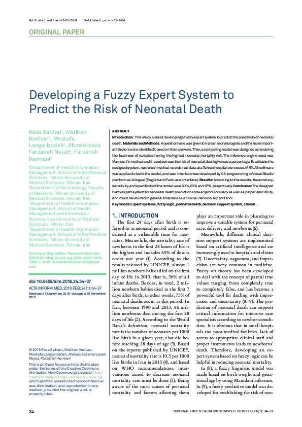 (PDF) Fuzzy Expert System for Predicting Neonatal Death Risk