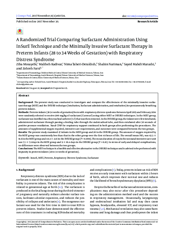 Pdf A Randomized Trial Comparing Surfactant Administration Using