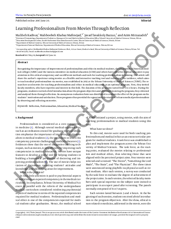 (PDF) Learning Professionalism From Movies Through Reflection