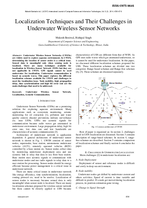 (PDF) Localization Techniques and Their Challenges in Underwater Wireless Sensor Networks