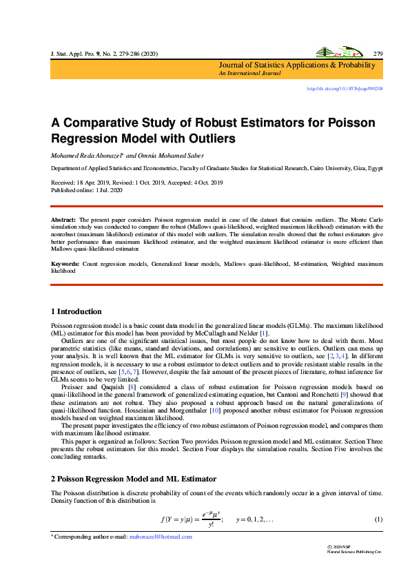 (PDF) A Comparative Study of Robust Estimators for Poisson Regression Model with Outliers