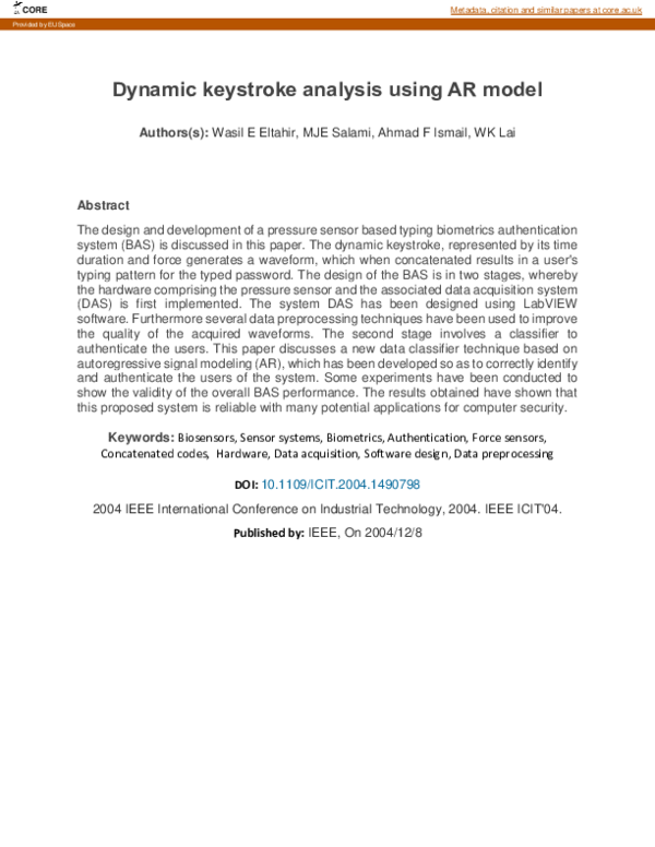 (PDF) Dynamic keystroke analysis using AR model