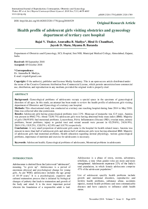 (PDF) Health profile of adolescent girls visiting obstetrics and ...