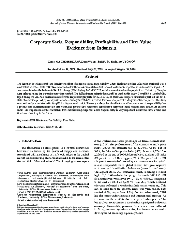 (PDF) Corporate Social Responsibility, Profitability and Firm Value: Evidence from Indonesia