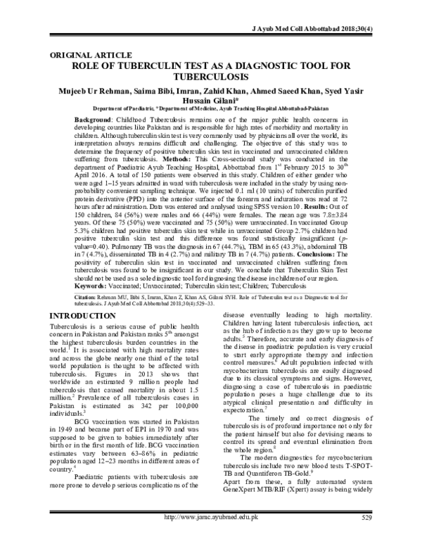 (PDF) Role Of Tuberculin Test As A Diagnostic Tool For Tuberculosis