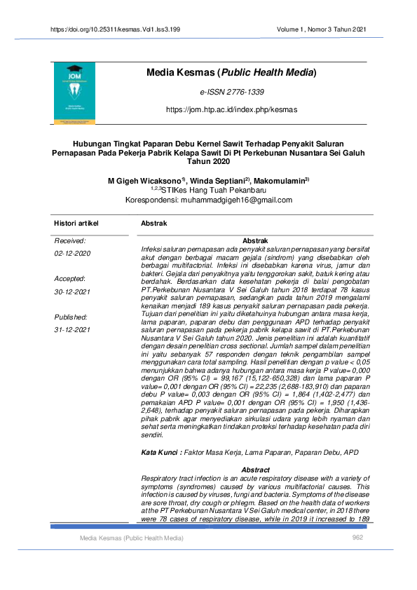 (PDF) Hubungan Tingkat Paparan Debu Kernel Sawit Terhadap Penyakit ...
