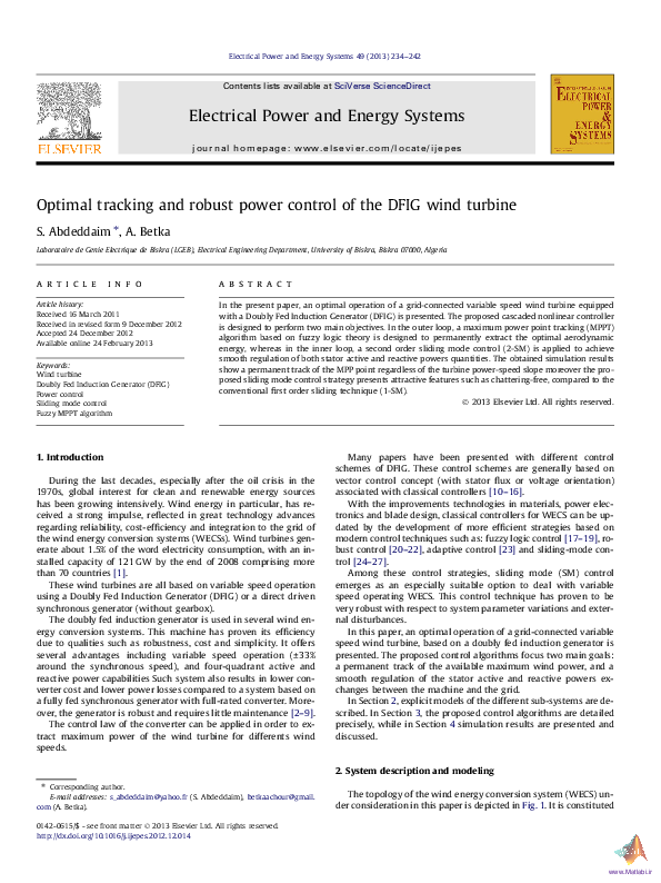 (PDF) Optimal tracking and robust power control of the DFIG wind turbine