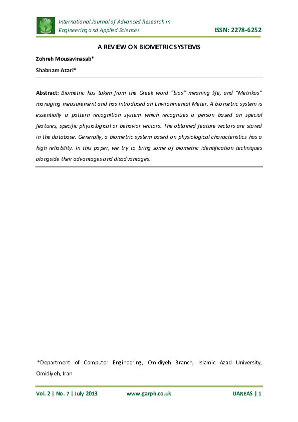 (PDF) A Review on Biometric Systems