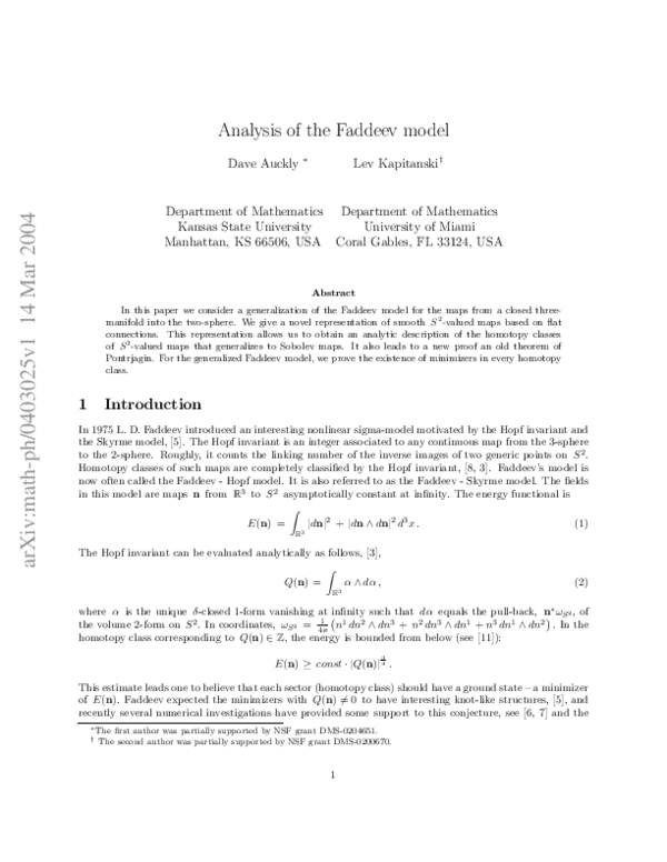 (PDF) Analysis of the Faddeev model