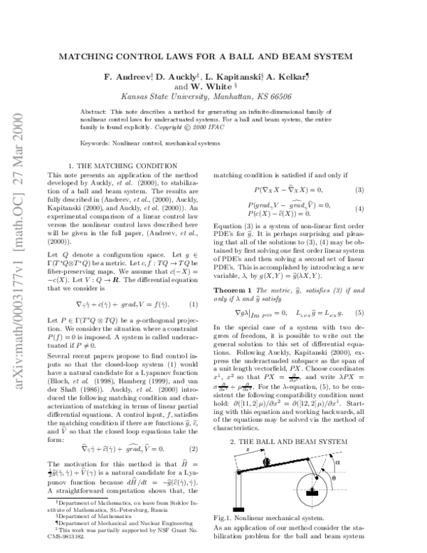 (PDF) Matching Control Laws for a Ball and Beam System | Dave Auckly - Academia.edu