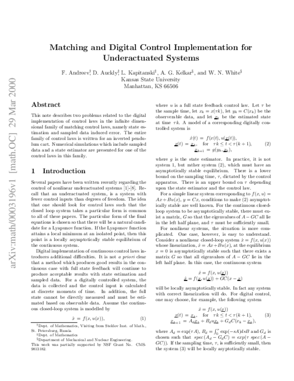 (PDF) Matching and digital control implementation for underactuated systems | Dave Auckly ...