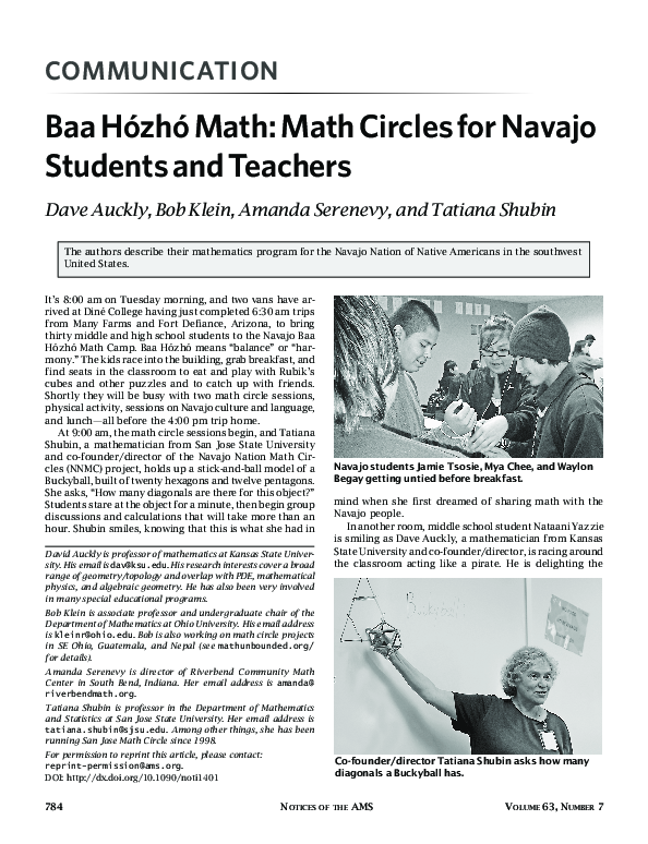 (PDF) Baa H 'ozh 'o Math: Math Circles for Navajo Students and Teachers