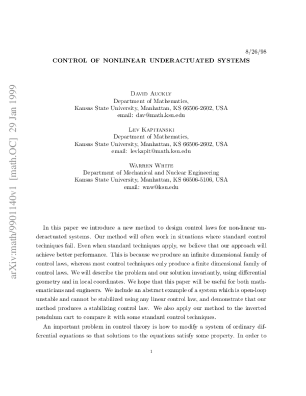 Pdf Control Of Nonlinear Underactuated Systems