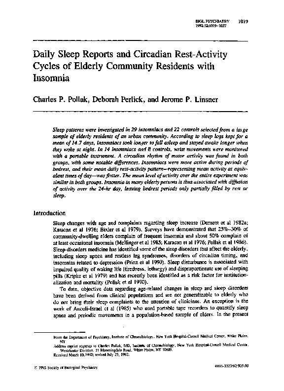 (PDF) Daily sleep reports and circadian rest-activity cycles of elderly ...