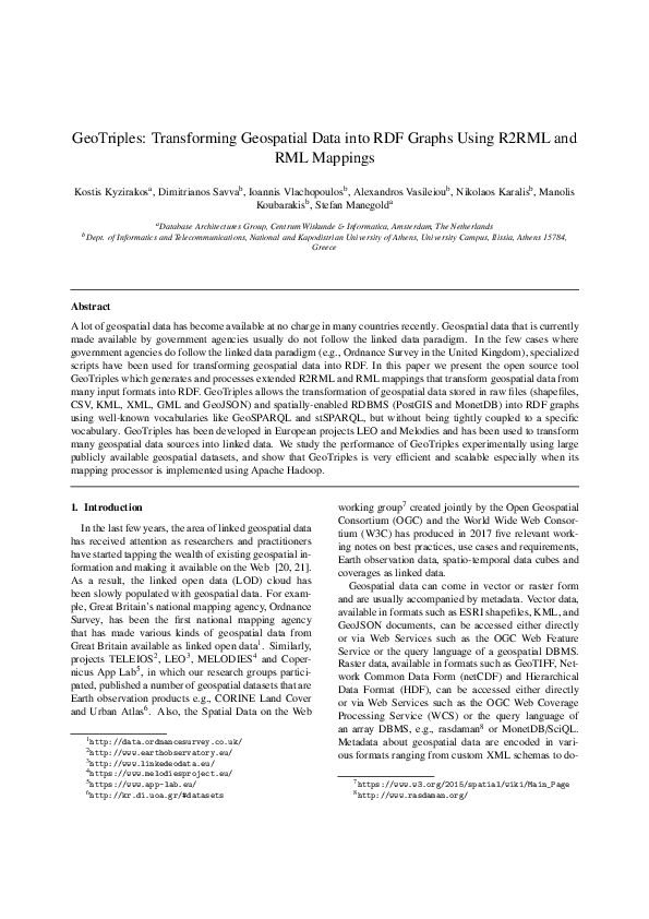 (PDF) GeoTriples: Transforming geospatial data into RDF graphs using R2RML and RML mappings
