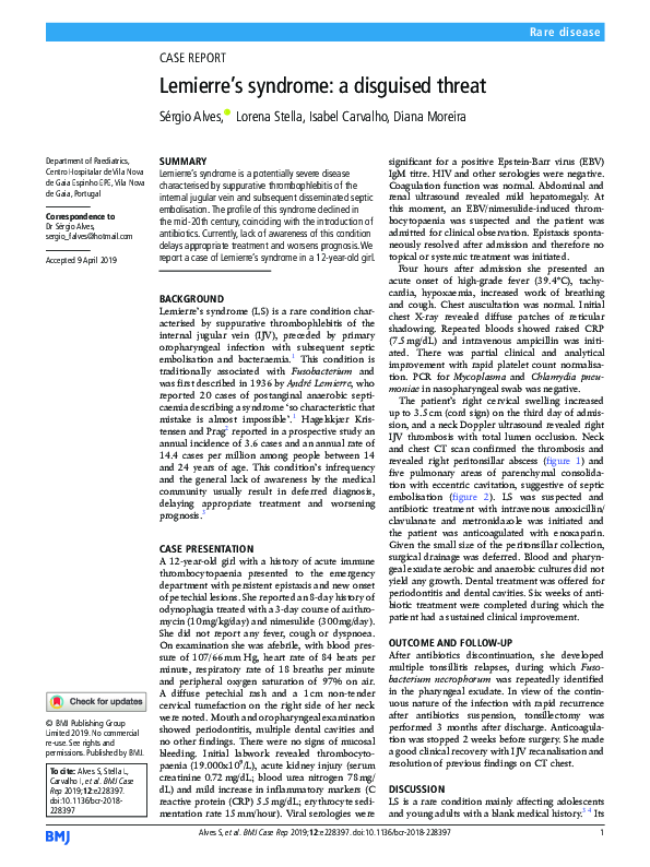 (PDF) Lemierre’s syndrome: a disguised threat