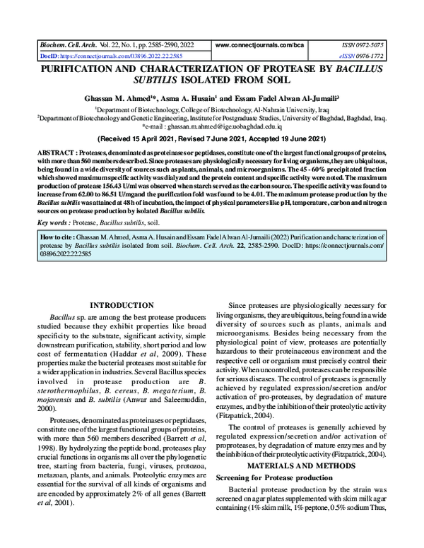 (PDF) PURIFICATION AND CHARACTERIZATION OF PROTEASE BY BACILLUS ...