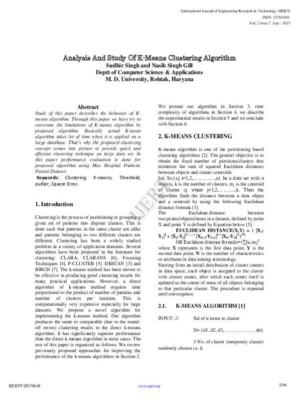 (PDF) Analysis And Study Of K-Means Clustering Algorithm