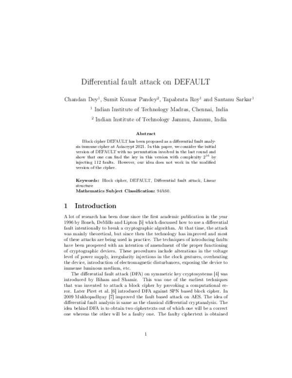(PDF) Attacking DEFAULT Cipher with Differential Faults