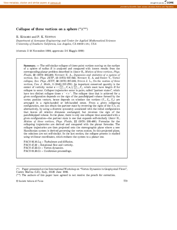 (PDF) Collapse of three vortices on a sphere