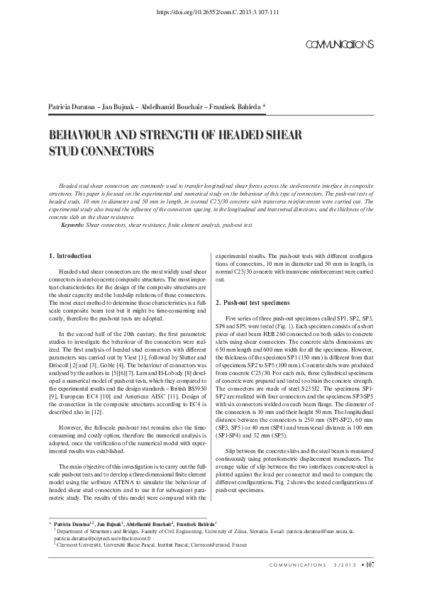 (PDF) Behaviour and Strength of Headed Shear Stud Connectors
