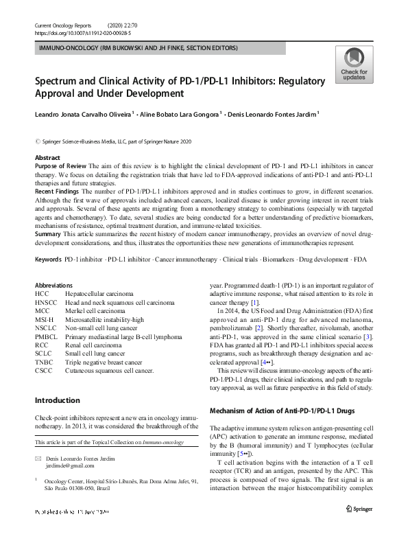 (PDF) Spectrum and Clinical Activity of PD-1/PD-L1 Inhibitors: Regulatory Approval and Under ...